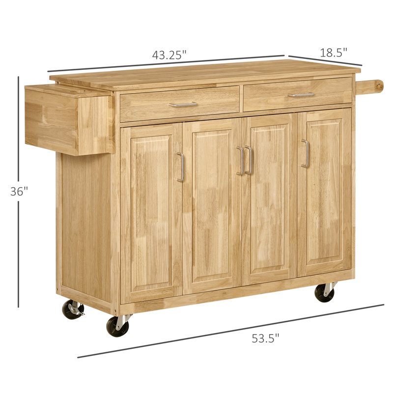 Gracie Oaks Kitchen Island on Wheels Natural Hardwood Kitchen Cart with Drawers Storage Cabinets and Tool Caddy Microwave Cart for Dining Room 54 Inches Wide Wayfair